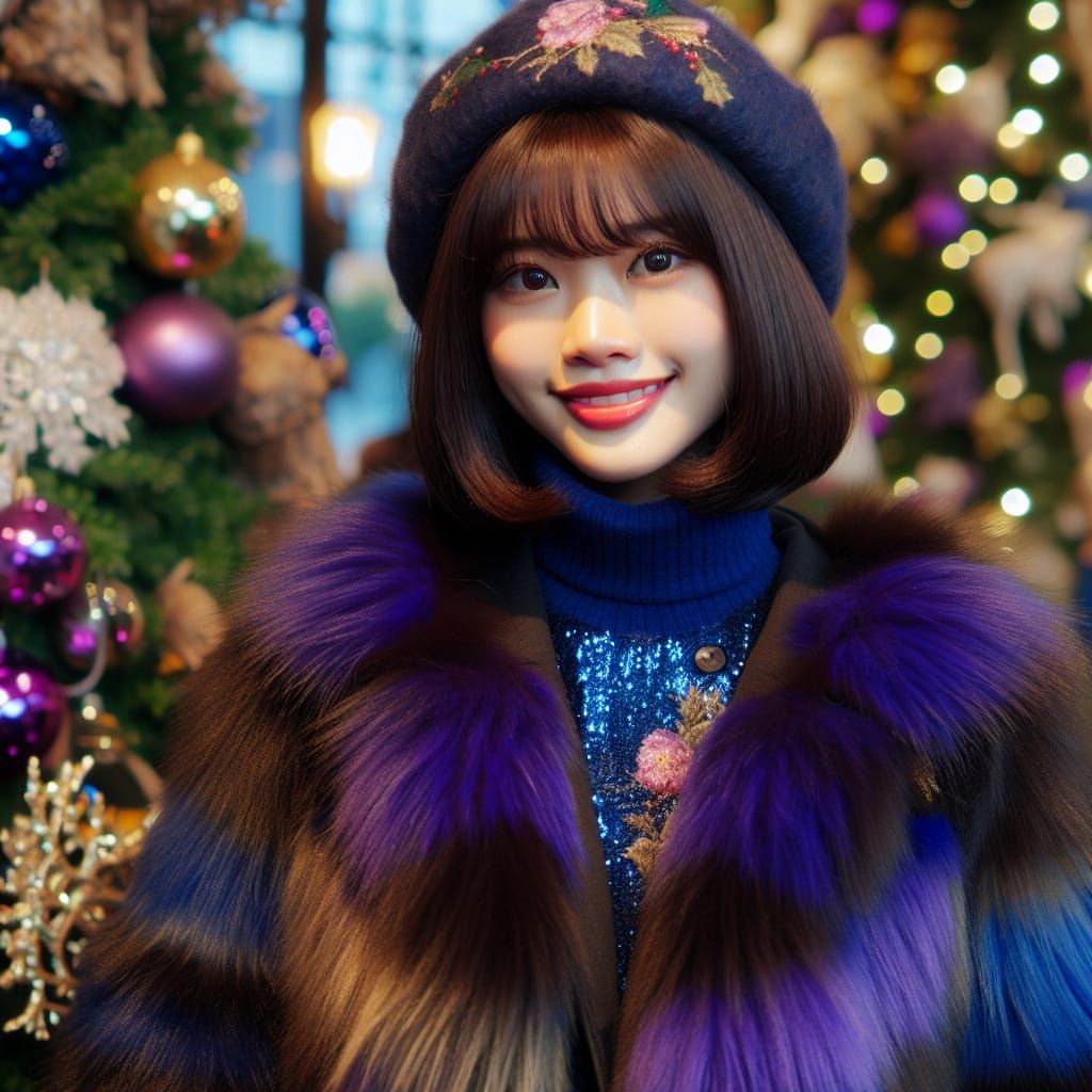 18 year old Vietnam woman with a bob with bangs in indigo purple gold raven fur coat with winter ...