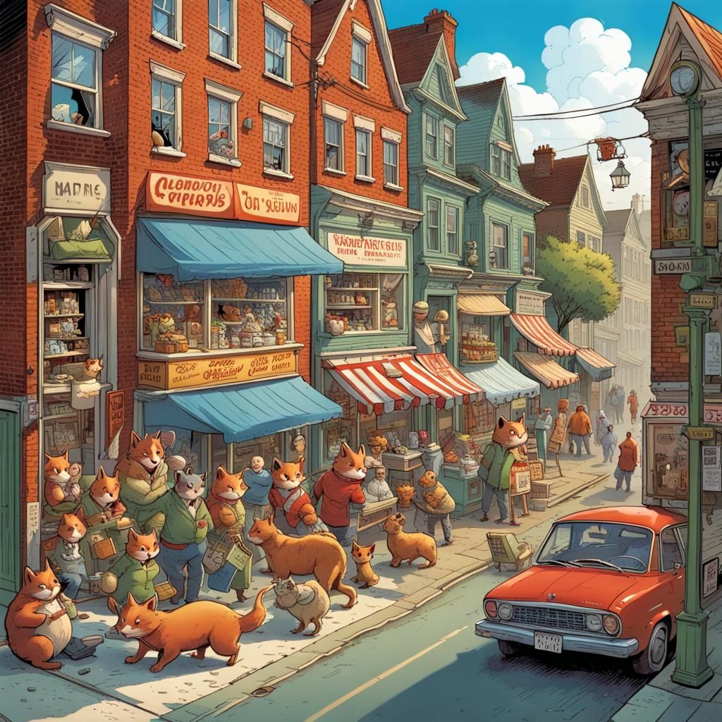 Style of Richard Scarry, a small town shopping street populated with ...