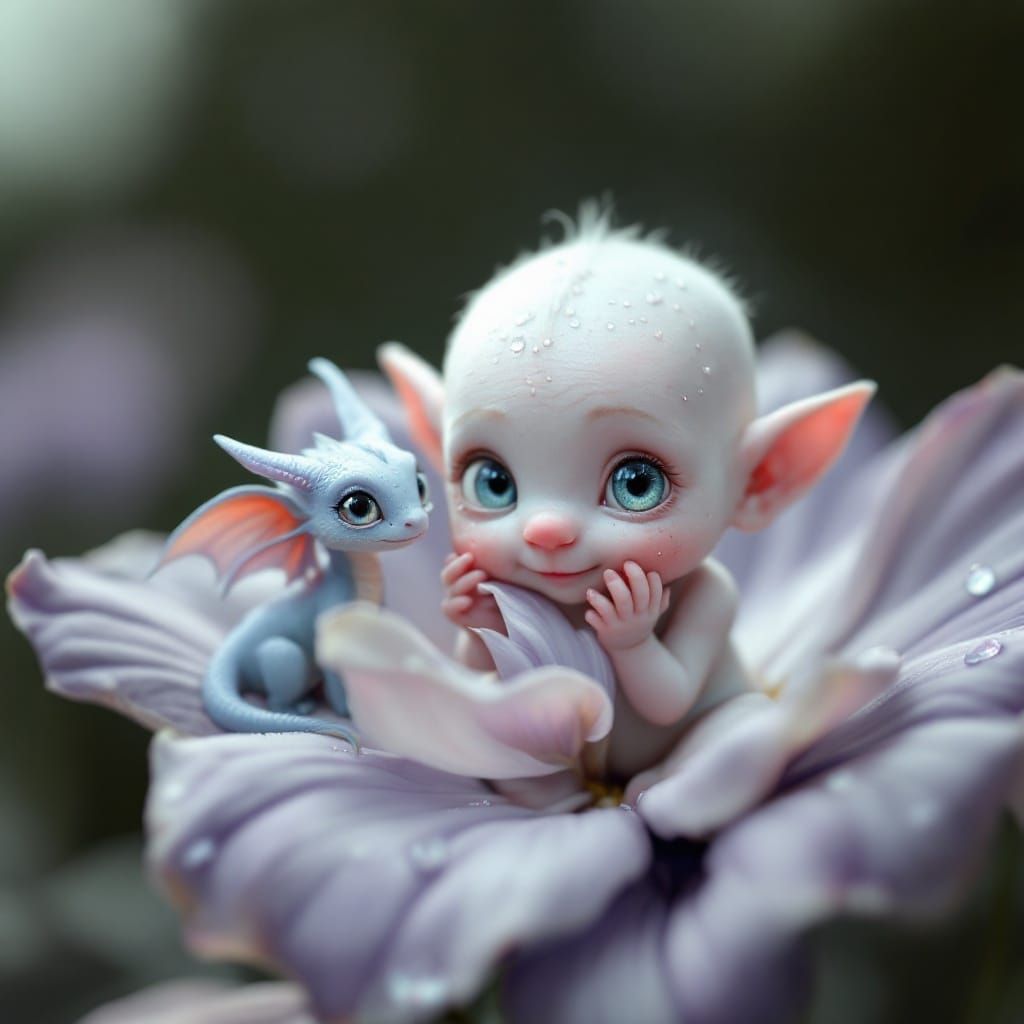 Gentle Albino Dwarf with Iridescent Dragon in Whim... - AI Art