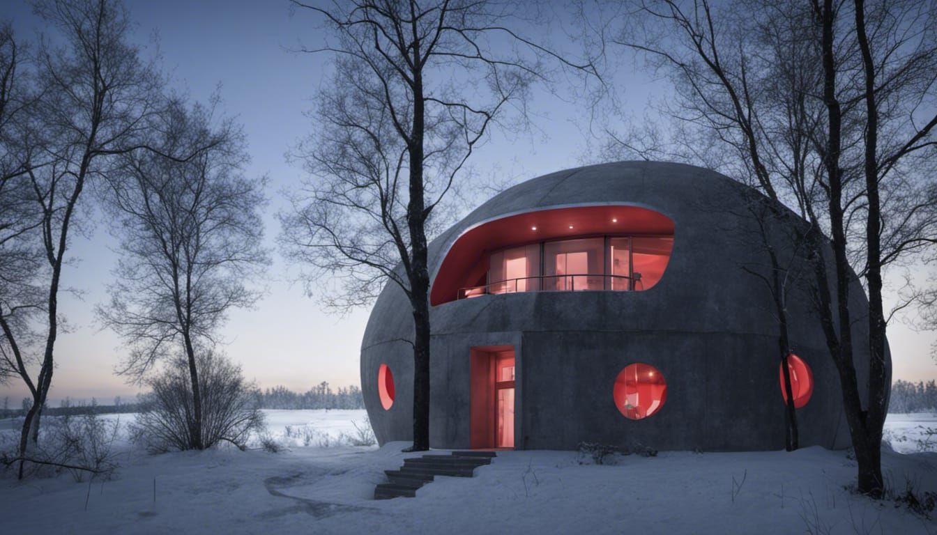 A two-story igloo-shaped structure, half of the top edge of the circle ...
