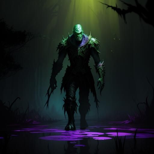 Technicolor, haunted swamp. Monster. Pools of light and shadow. - AI ...