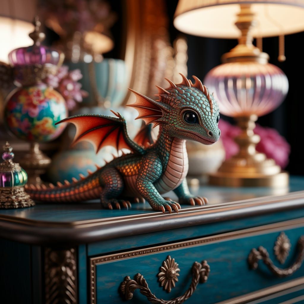 Whimsical Baby Dragon in Maximalist Dresser Scene - AI Art