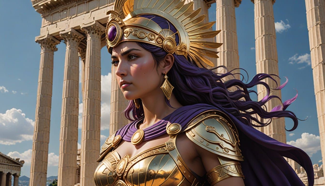 Majestic Athena, Purple Haired Goddess in Golden A... - AI Art