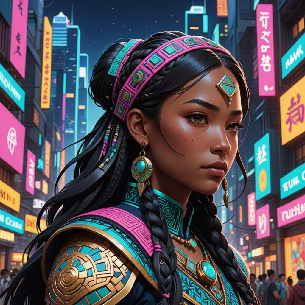 Cyberpunk Aztec Princess in Vibrant Schoolgirl Uni... - AI Art