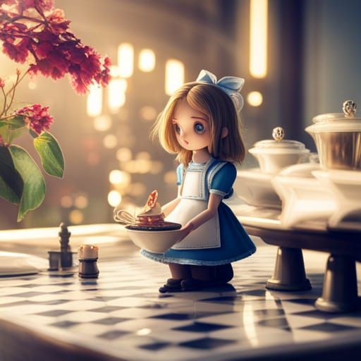 Tiny Alice in wonderland beside a large table, intricate details, HDR, beautifully shot ...
