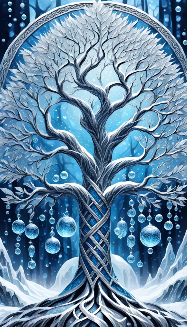 a blue and silver tree is covered with ice and bubbles, in the style of ...