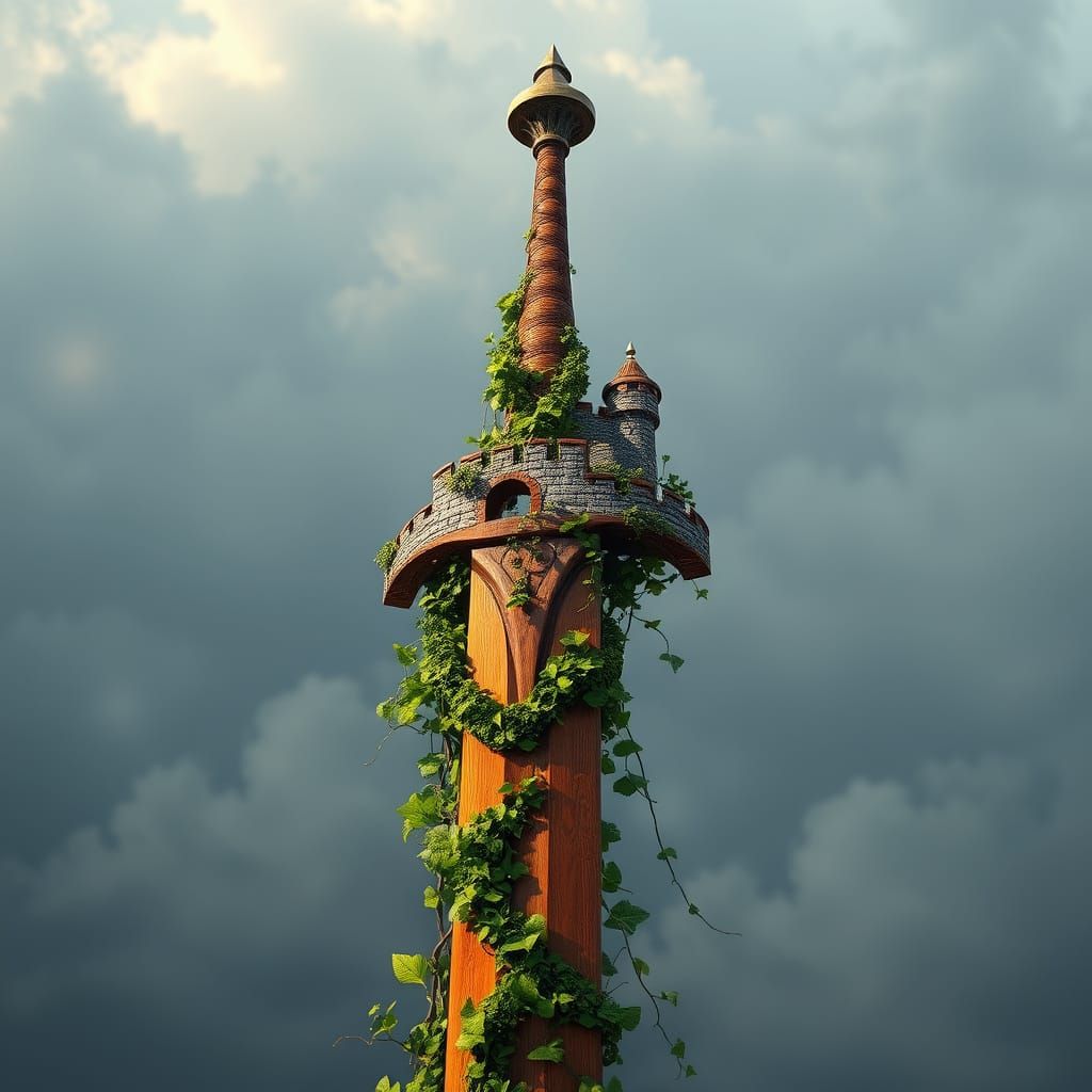 Epic Wooden Sword with Castle Hilt and Vines in Ho... - AI Art