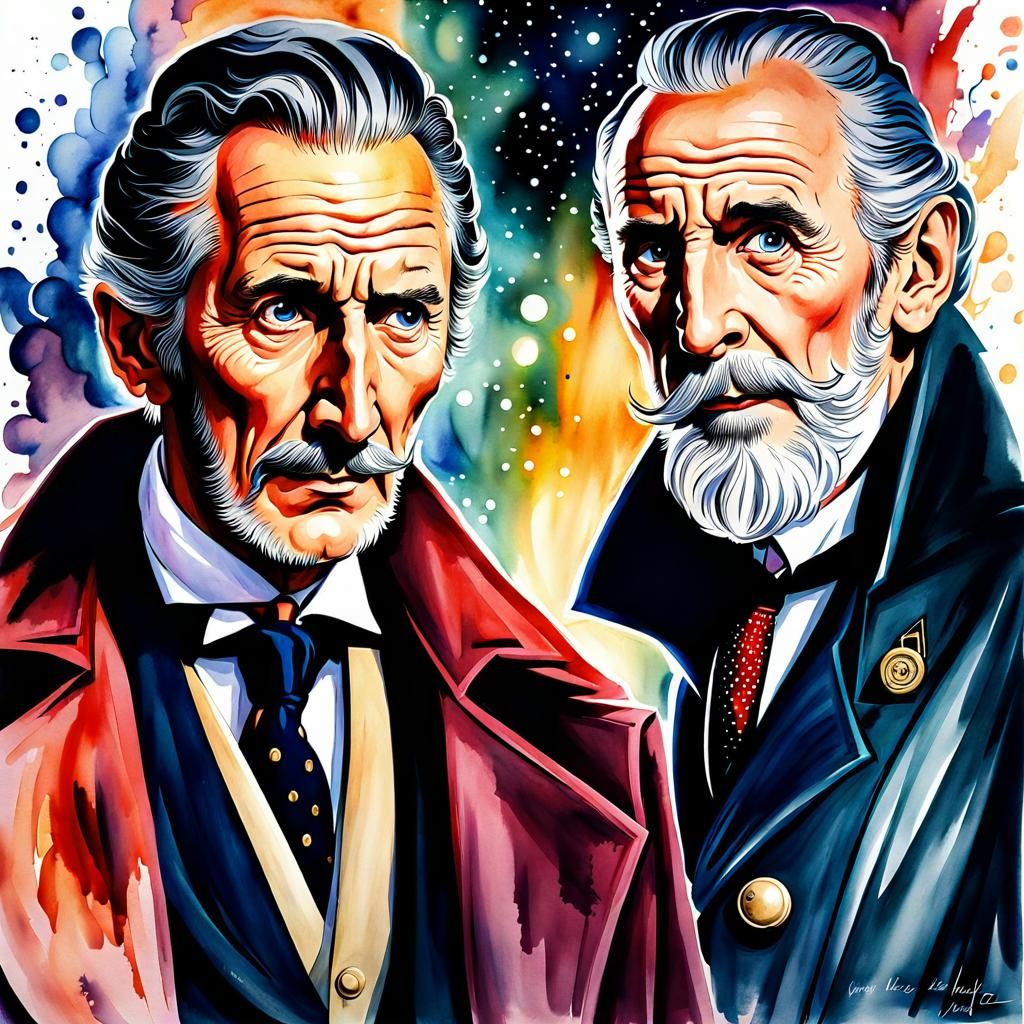 Peter Cushing as Dr. Who with Christopher Lee as The Master. - AI ...