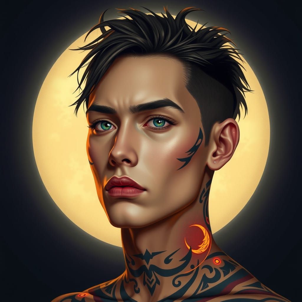 Ethereal Androgynous Figure with Tribal Tattoos an... - AI Art