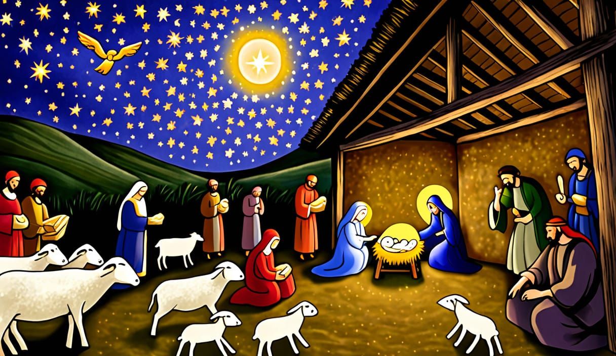 Rustic Nativity Scene in Golden Light - AI Art