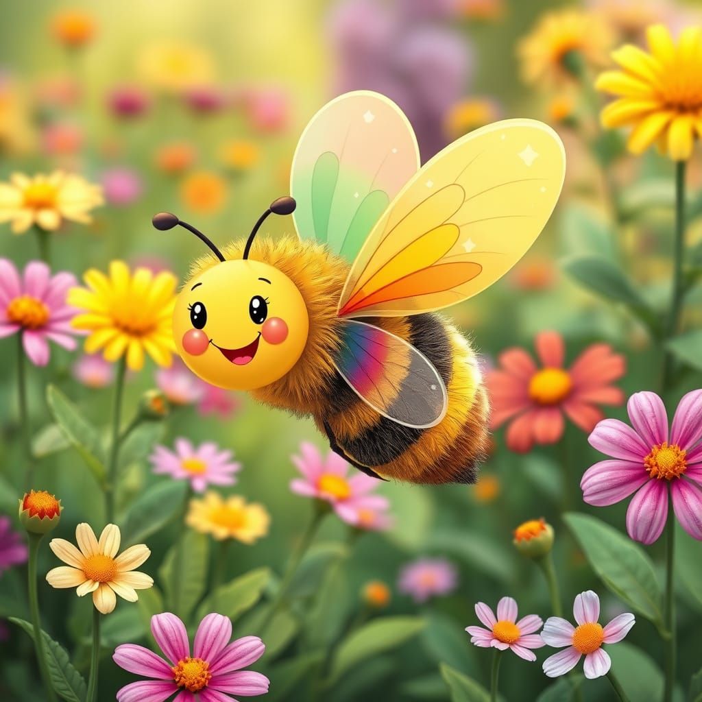 A cheerful honey bee with rainbow-colored wings spreads magic and joy ...
