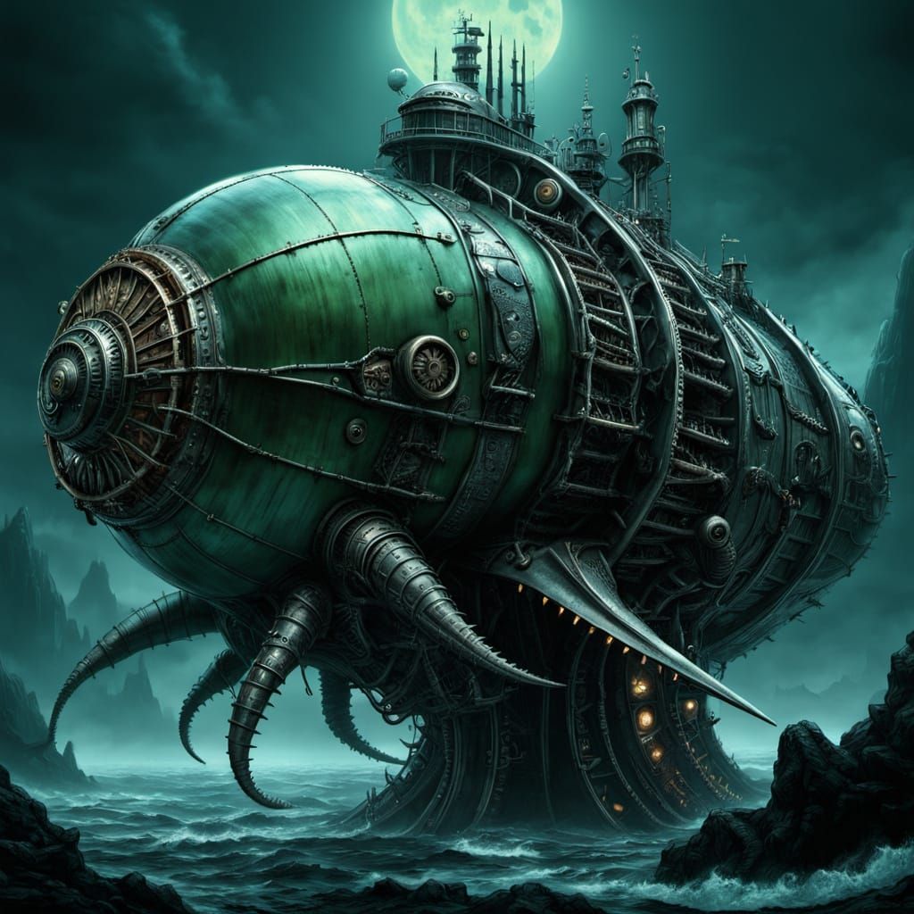 Steampunk Nautilus Submarine Exploring Alien Ocean - AI Art