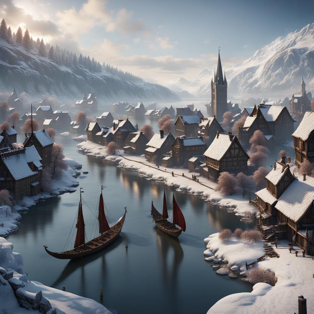 Snow-covered medieval village on both banks of a large river, with ...