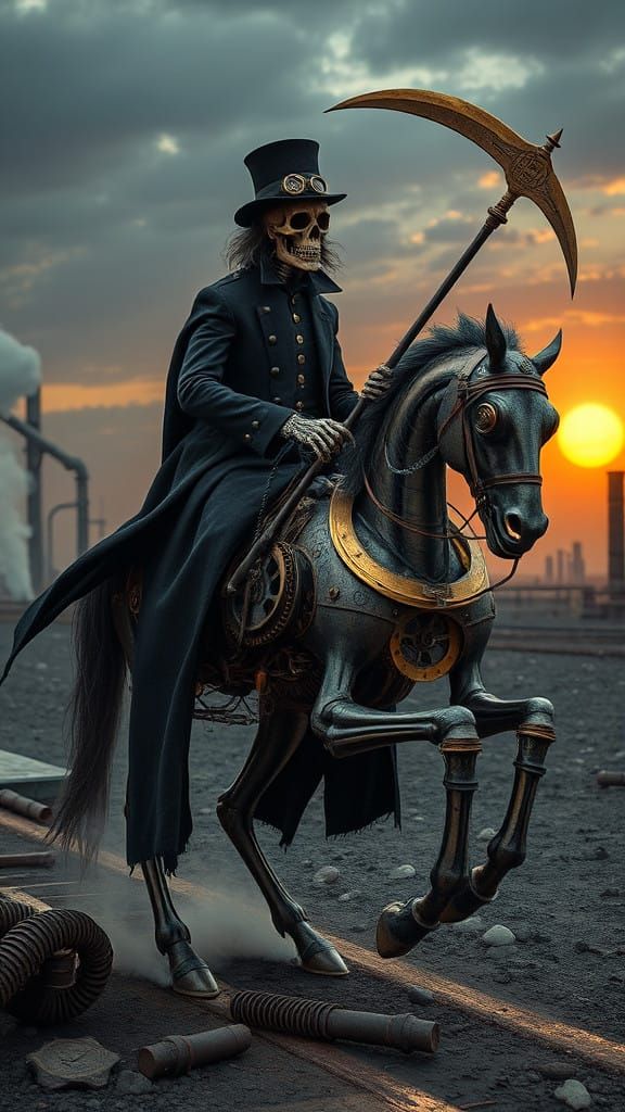 Steampunk Death Rides through a Post-Industrial Wa... - AI Art
