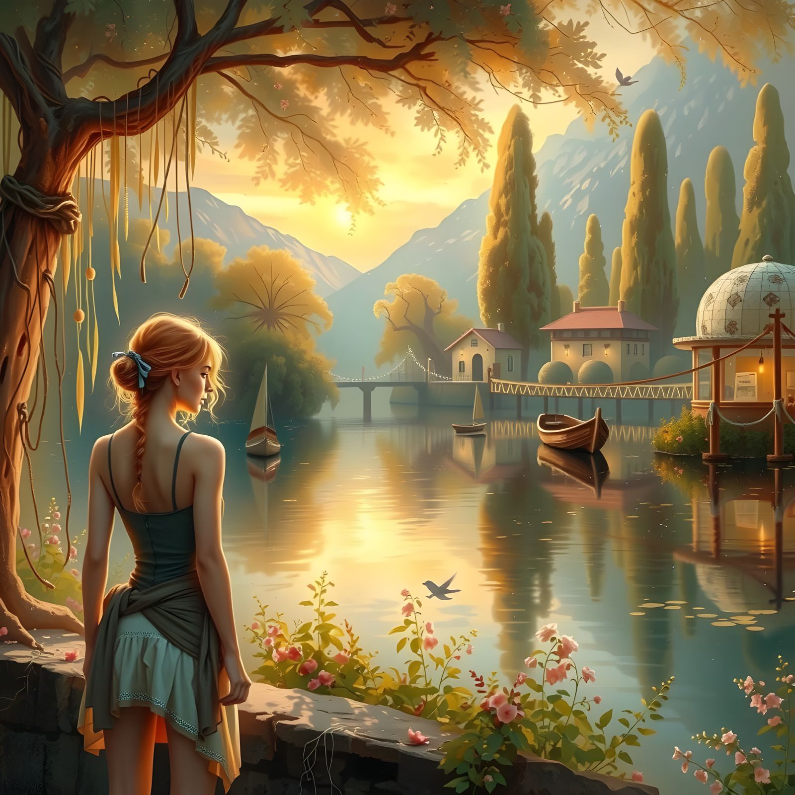 Radiant Sunset Scene with a Beautiful Woman in a L... - AI Art