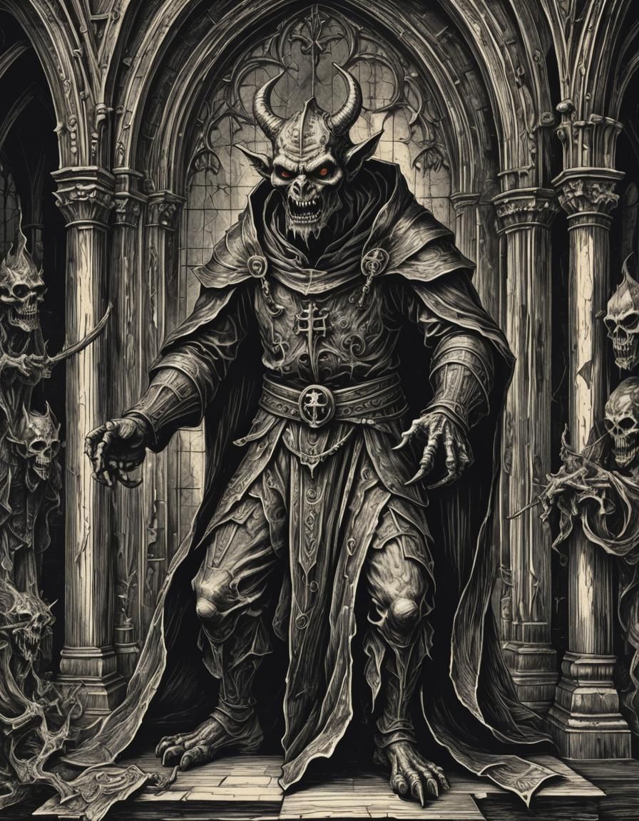 medieval woodcut demon imp in evil gothic church demonic monk - AI ...