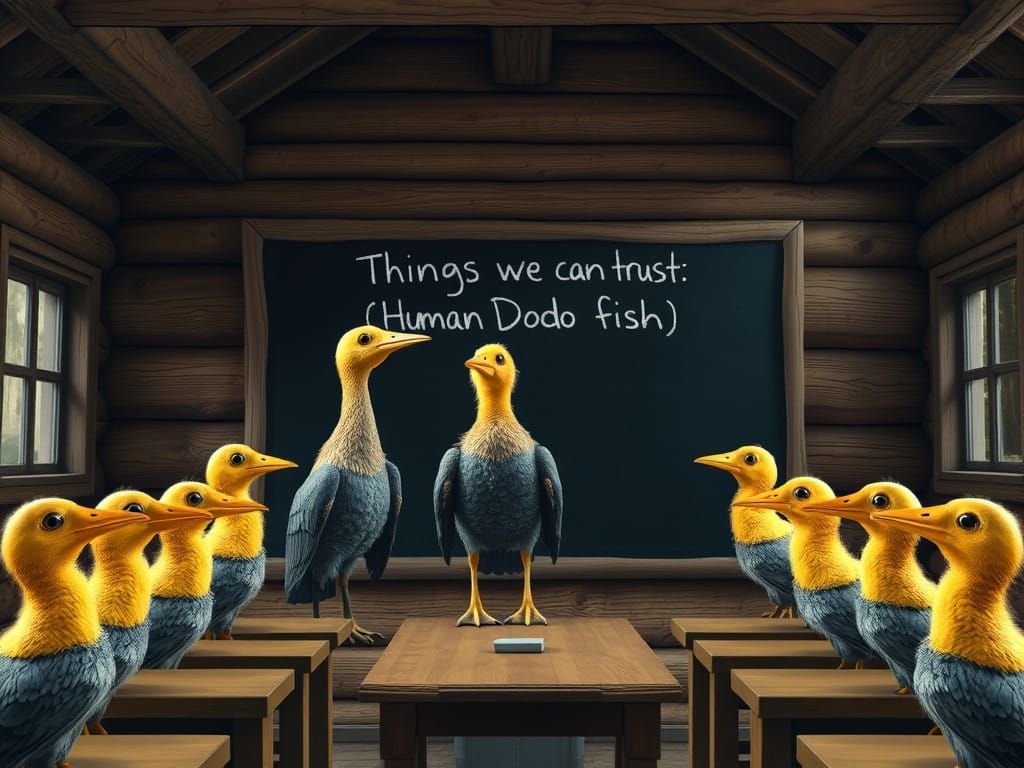 Rustic Log Cabin Classroom with Dodo Birds - AI Art