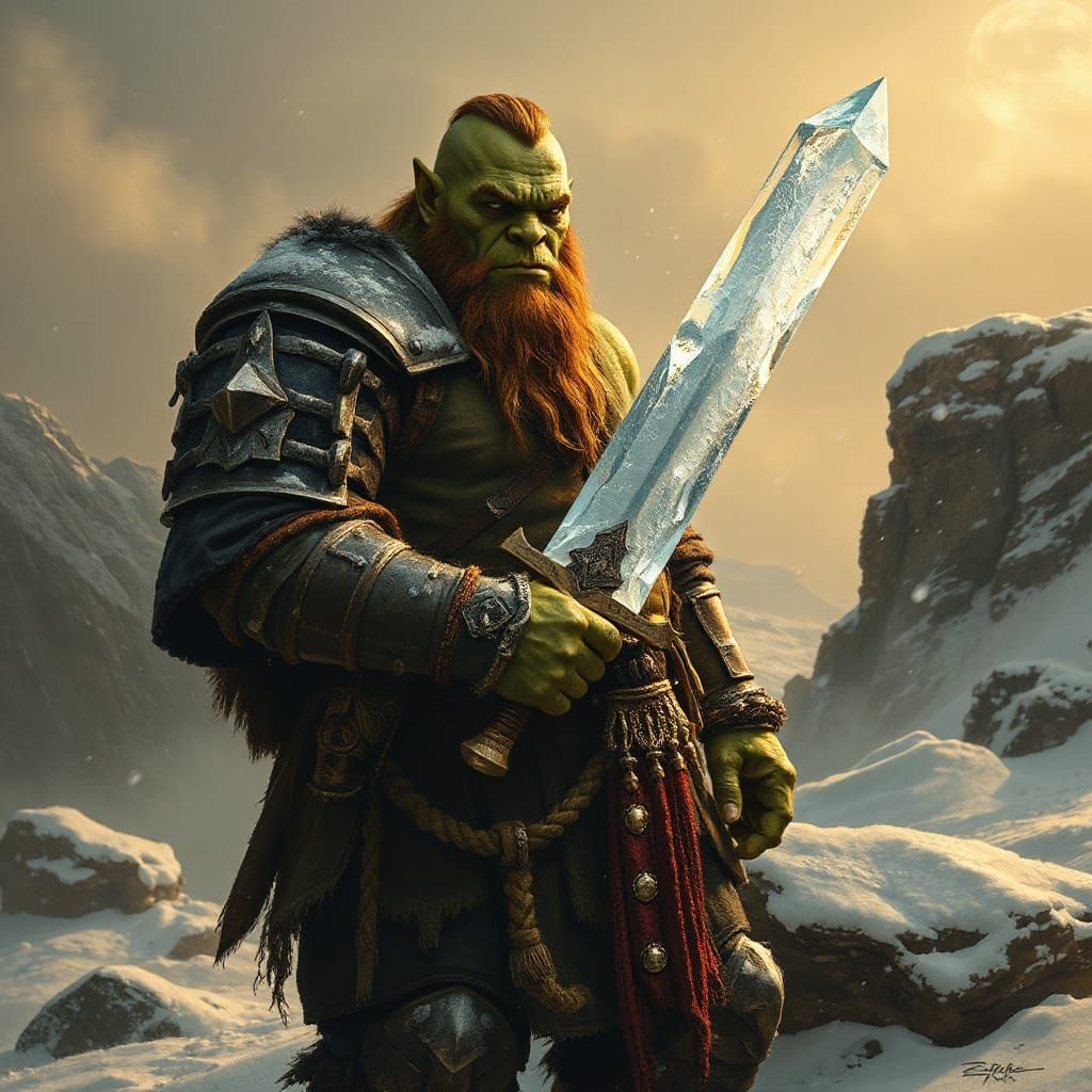 Orc with ice sword - Stoic Green Orc Wields Crystal Ice Swor...