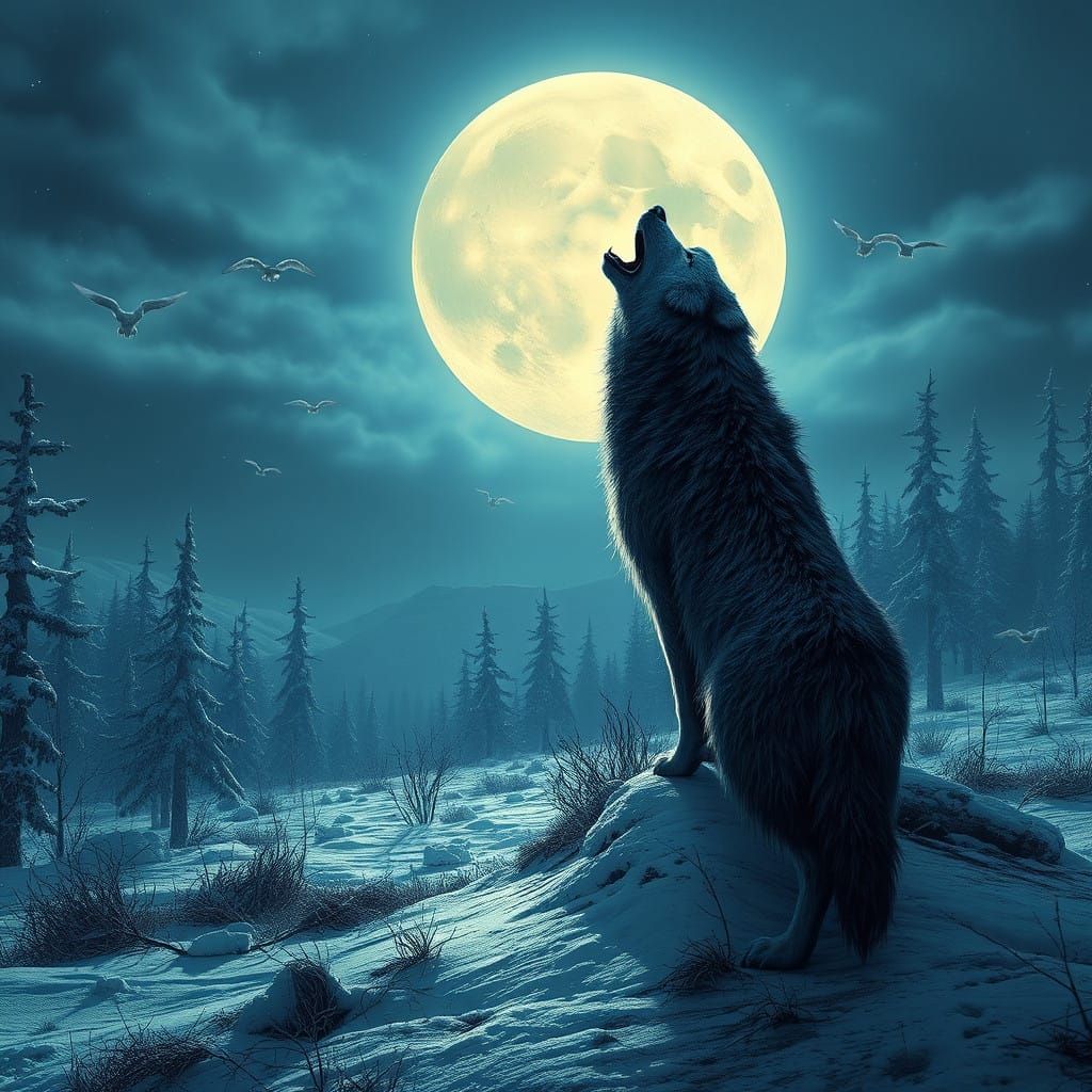 Lunar Werewolf in a Frozen Moorland Scene - AI Art