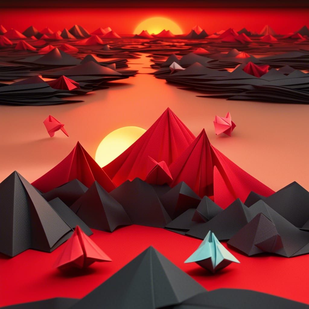 Origami blast, volcanoes lava seeping into sea, a big red sun setting ...