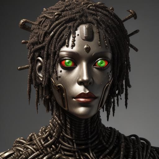 Close-up metallic mummy patched liquid and glitter sculpture with weird ...