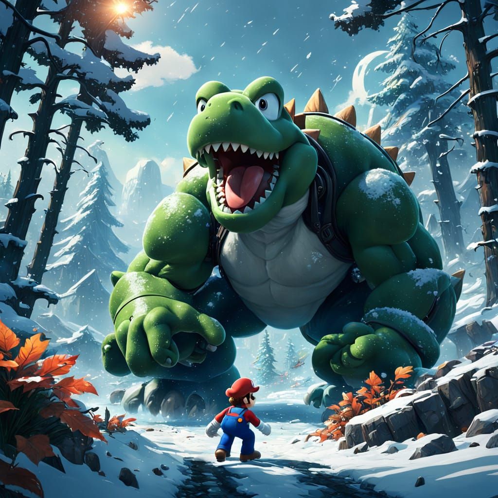 Mario and Yoshi Engage in Epic Snow Battle in Fant... - AI Art