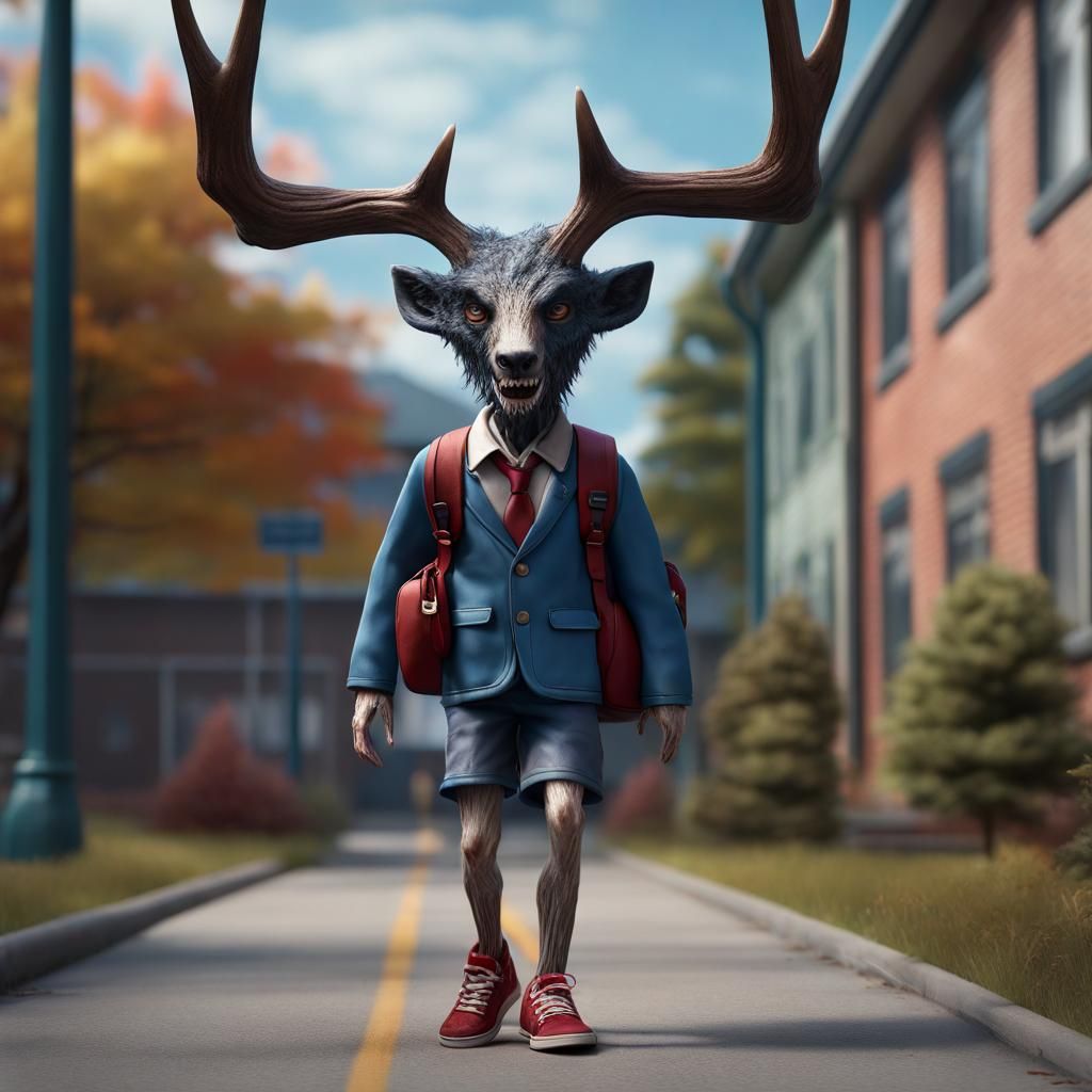Wendigo going to elementary school, uniform, backpack, sneakers, 64k ...