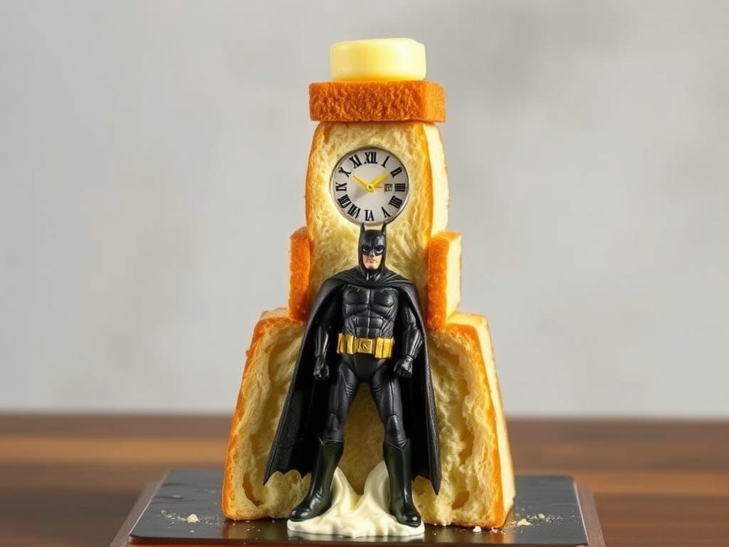Bread Fortress with Batman Statue in Vibrant Color... - AI Art