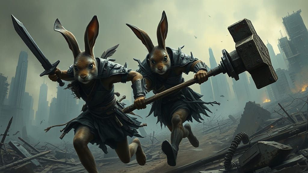 Warrior Rabbits Charge into Dystopian Battle - AI Art