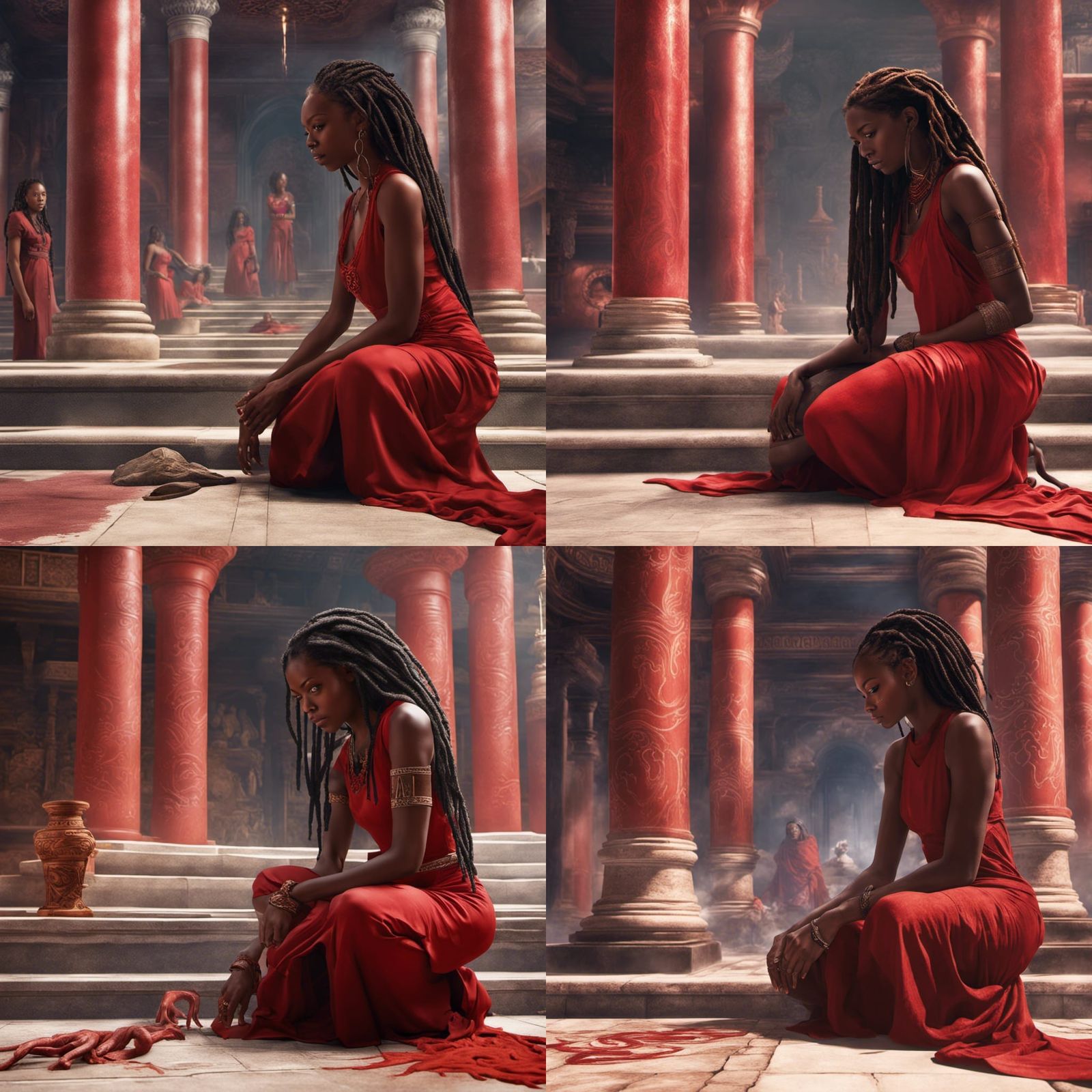 young black women wearing a long red house dress, and long red dred ...
