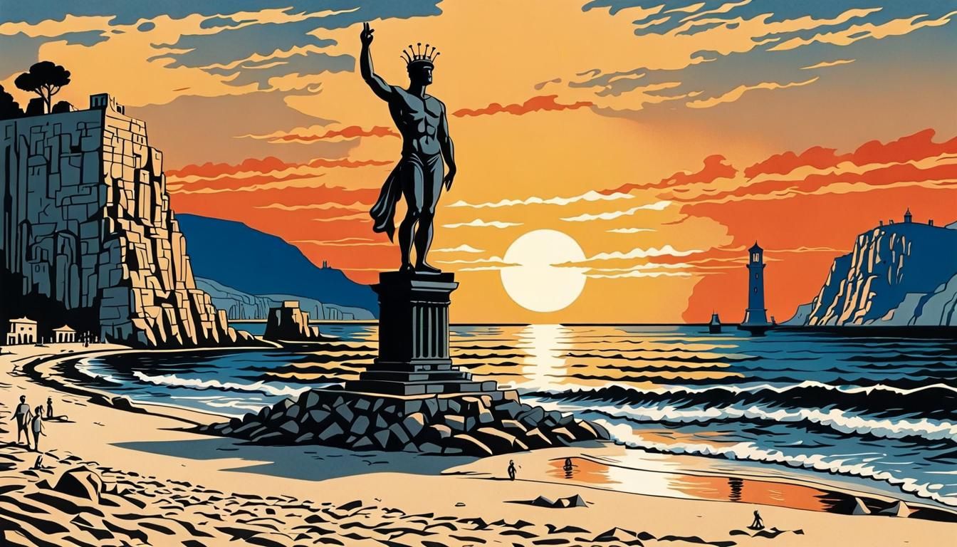Ancient Greece, The statue of the Colossus of Rhodes on the beach of ...