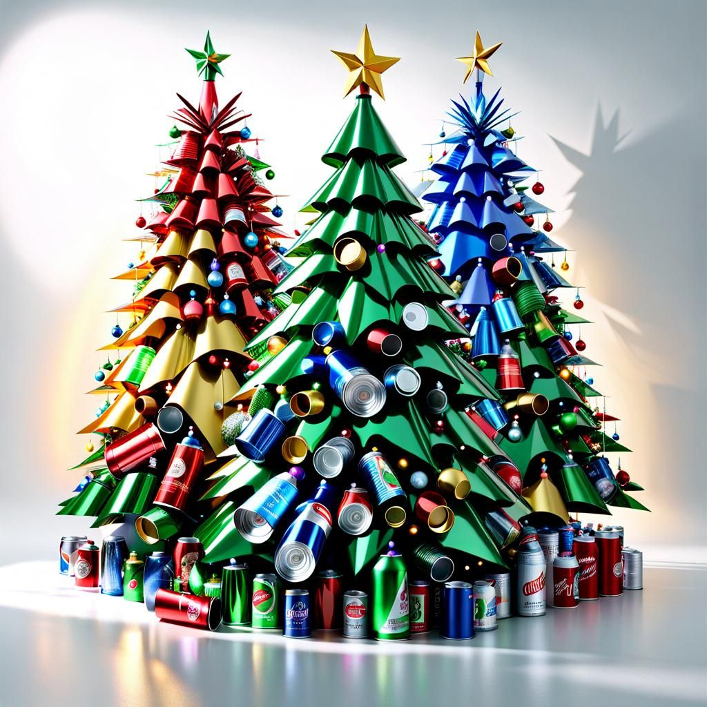 Cinematic Cute Christmas Tree Made of recycled bottles, plastic, cans ...