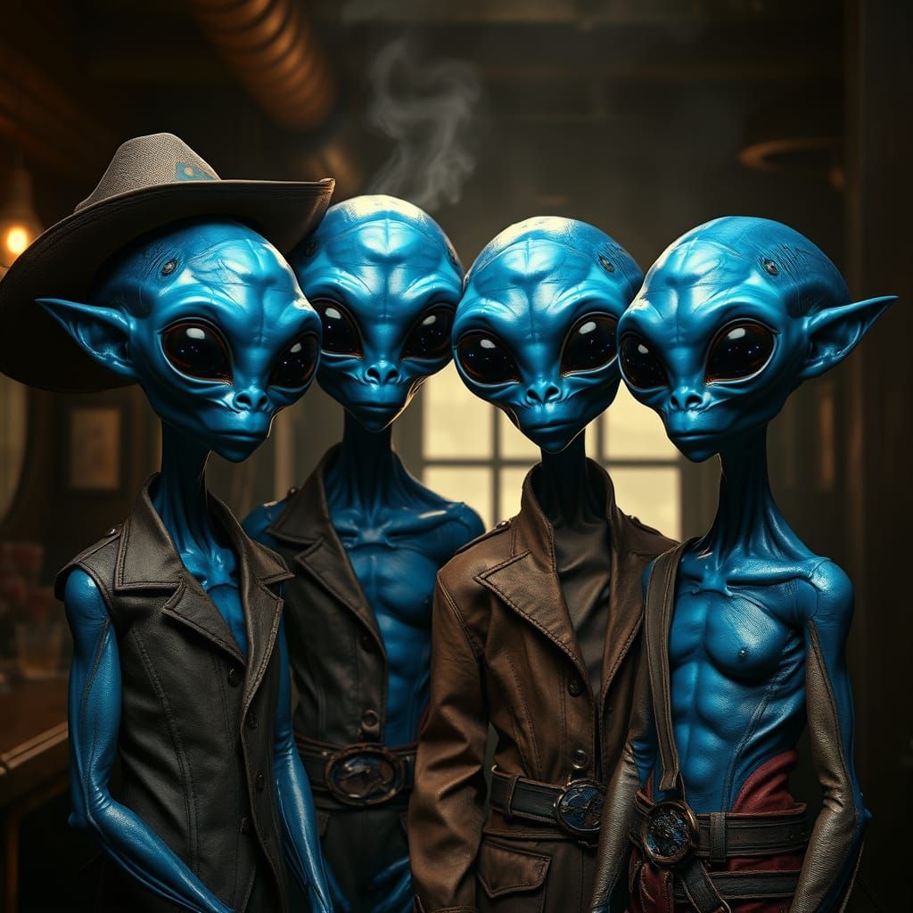 Cobalt Blue Aliens in Wild West Salon - AI Art