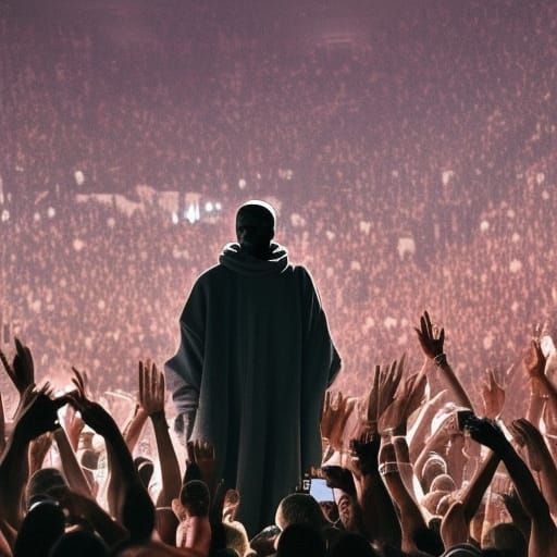 Futuristic scene where rapper Kanye West presents the 10 commandments ...