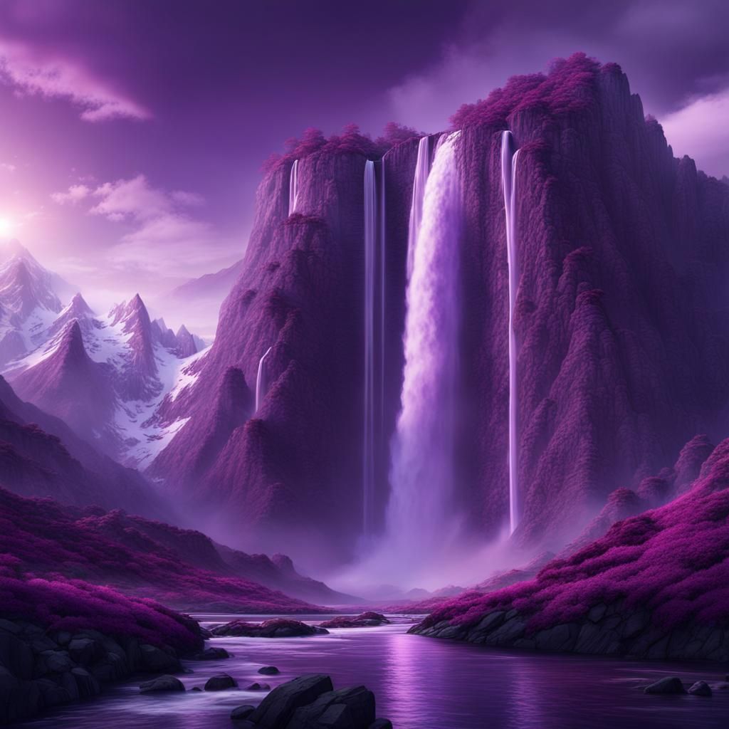 Purple Waterfall and mountains - Purple Waterfall and Mounta...