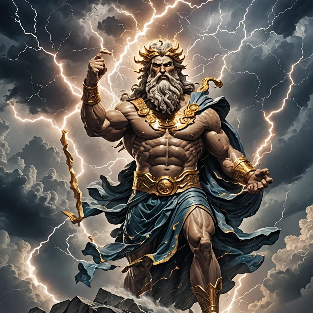 The God Zeus, amidst stormy clouds, frowns angrily as he wields a ...
