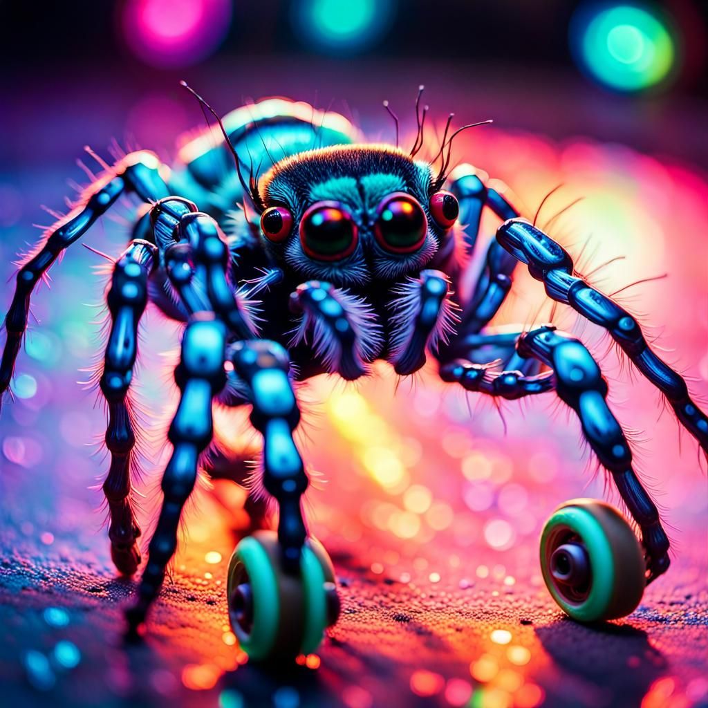 Bio luminous Rainbow Roller Skating Jumping Spider - AI Generated ...