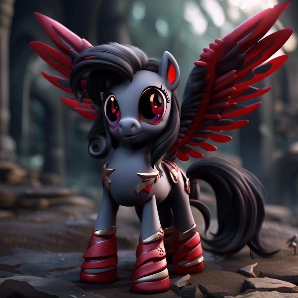 my little pony in G4 style, dark grey skin with black stripes, red eyes ...