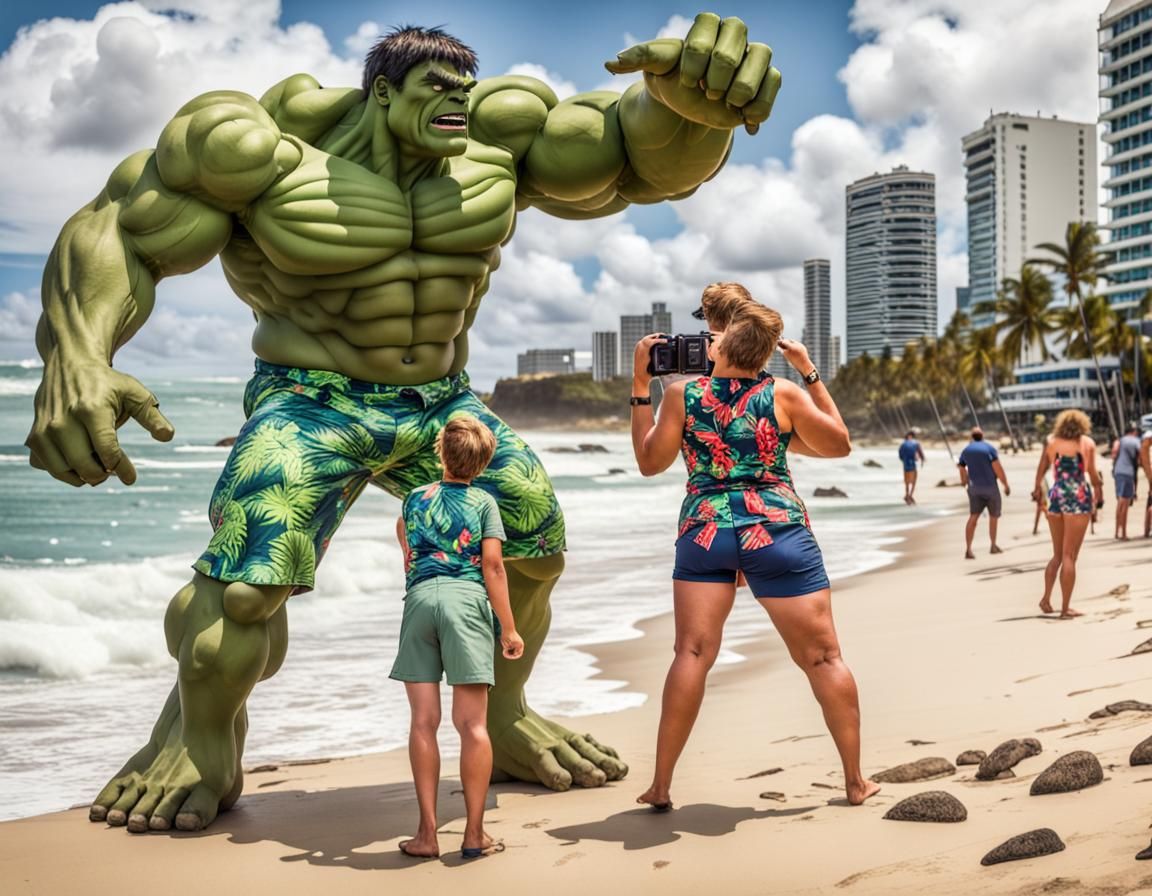 The Hulk wearing Bermuda shorts and Hawaiian shirt, with tourists ...