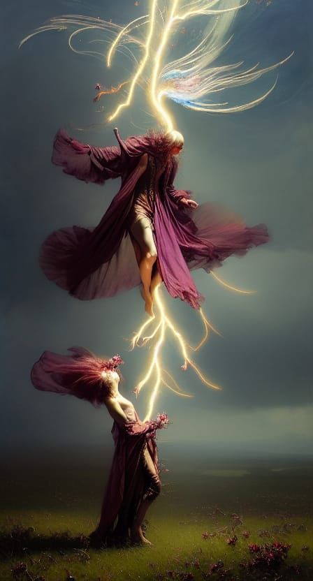 Beautiful flamboyant, pixie mage, billowing cloak, casting electic ...