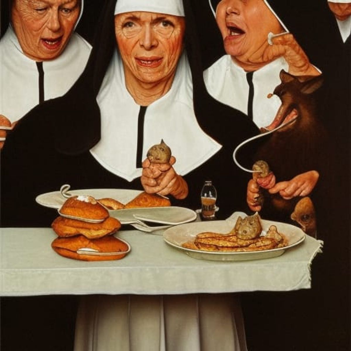 Draw me a portrait of Nuns eating a plate of rats in the style of ...