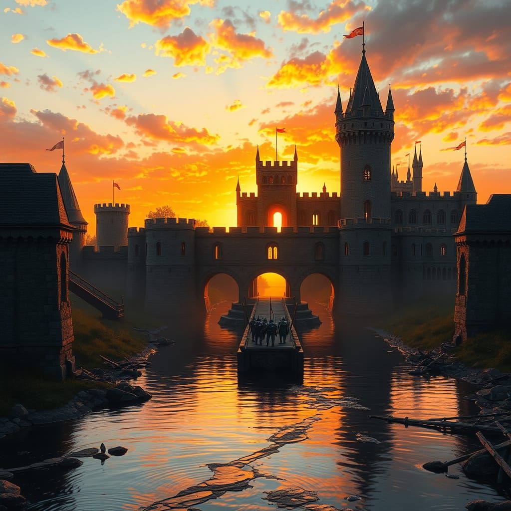 A medieval castle at sunset, golden light, moat, drawbridge, knights ...