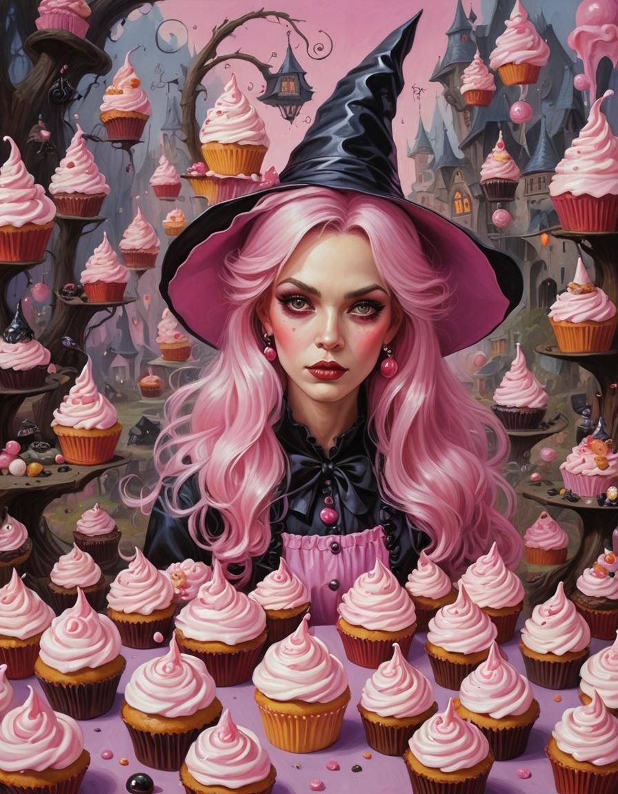 beautiful witch in pink cupcake candyland - AI Generated Artwork - NightCafe Creator