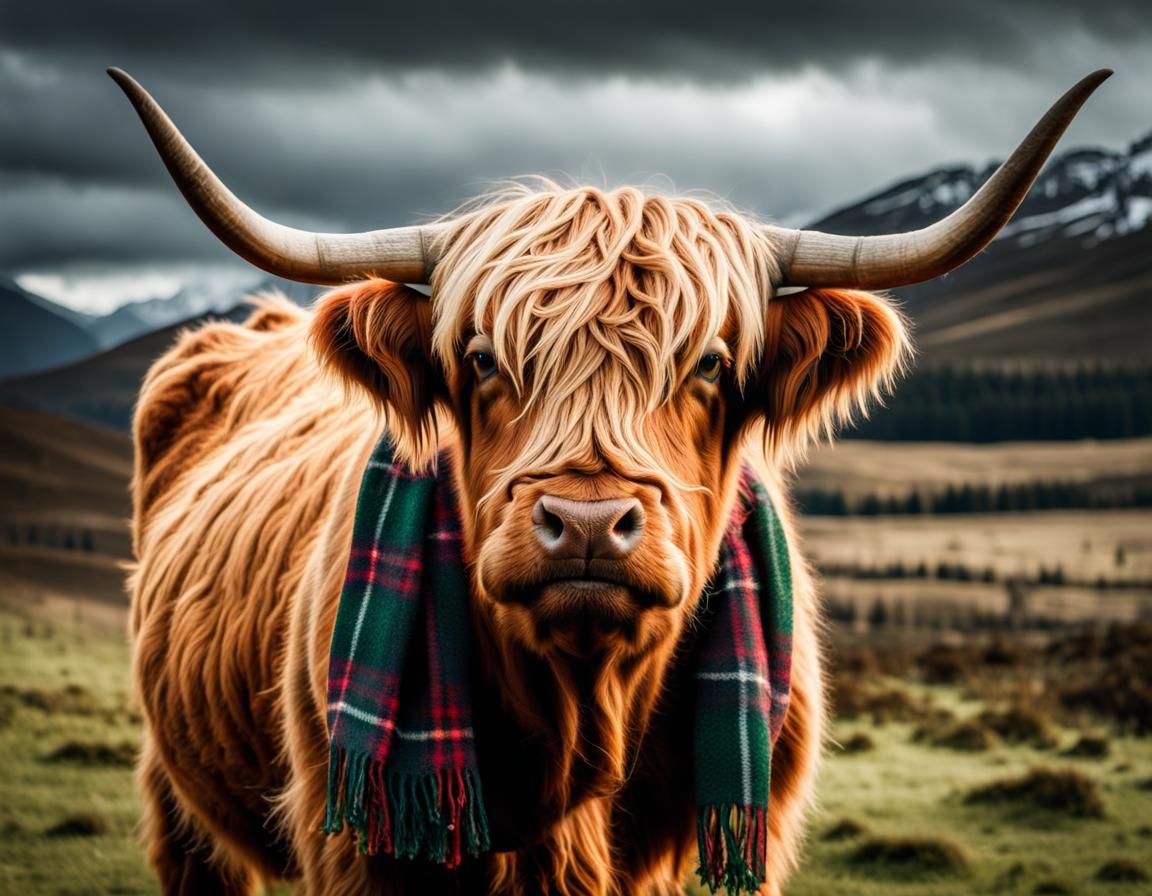 A highland cow wearing a tartan scarf - AI Generated Artwork ...
