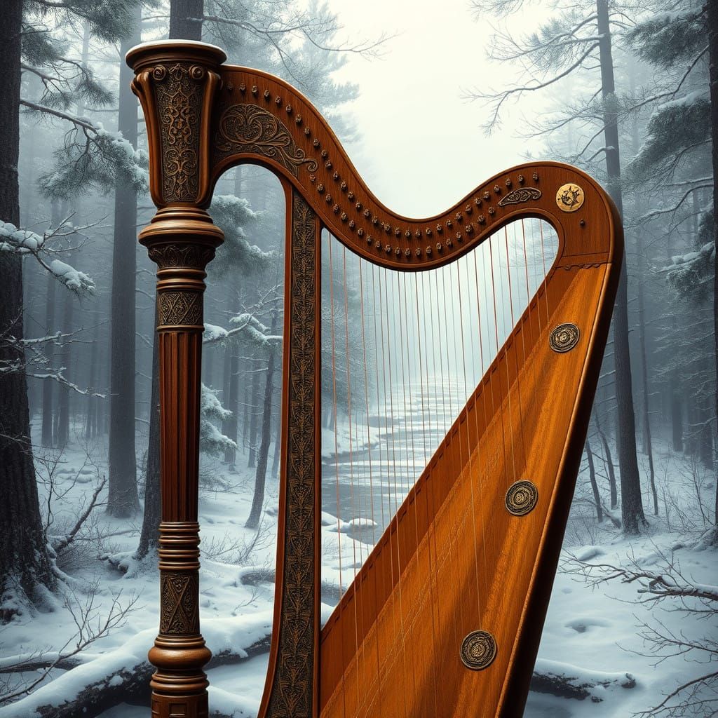 Ancient Irish Harp Amidst a Serene Pine Forest in ... - AI Art
