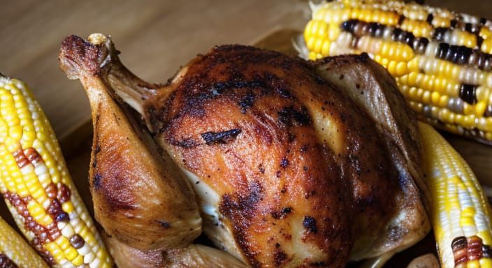 roast rock cornish game hen, red potatoes, corn on the cob, sharp focus ...