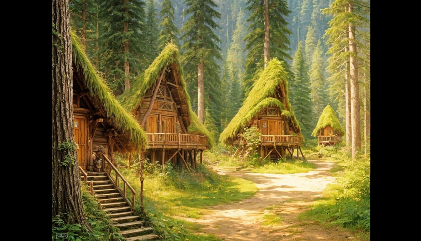 A treetop village of thatched Ewok tree huts in the evergreen treetops ...
