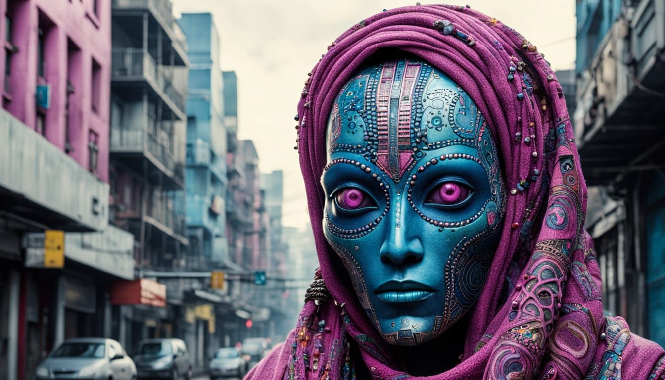 "Don't Blink" - A medium shot of a figure with a pink, almost alien ...