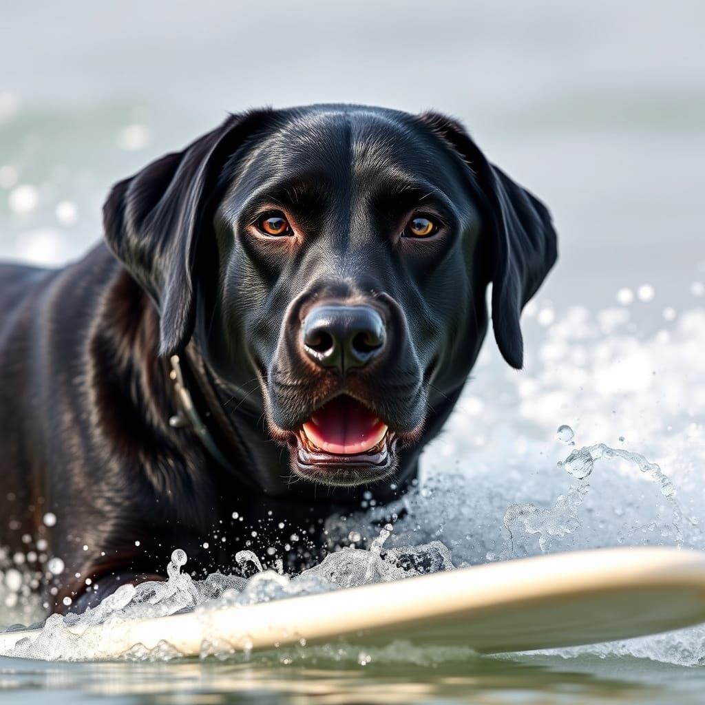 hyper realistic looking surfing black Labrador dog