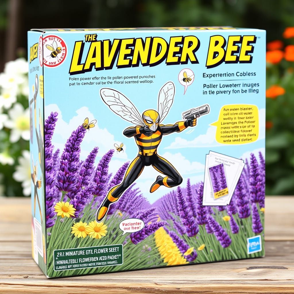 Envision an action figure box for "The Lavender Bee", a superhero whose ...